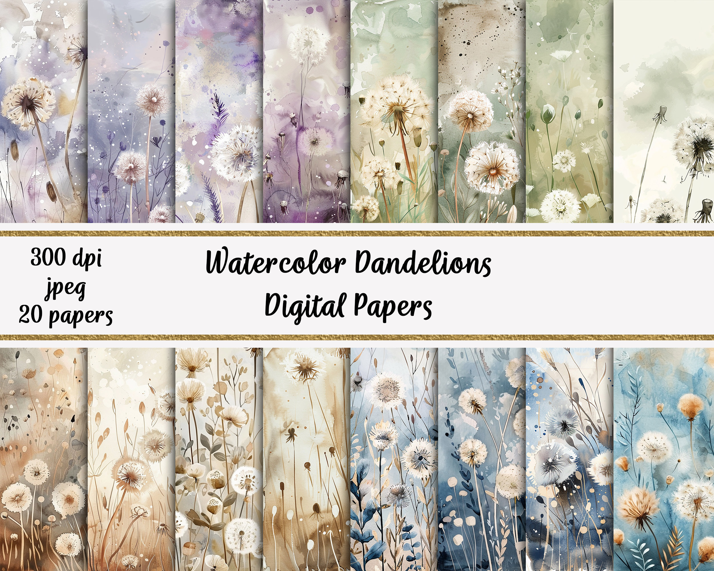 Watercolor Dandelions Field, Printable Scrapbook Paper, Digital Papers ...