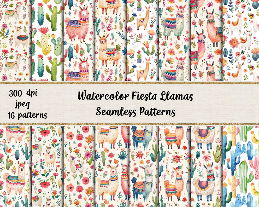 Watercolor Cute Llamas Seamless Patterns, Llama and Cactus Digital ...