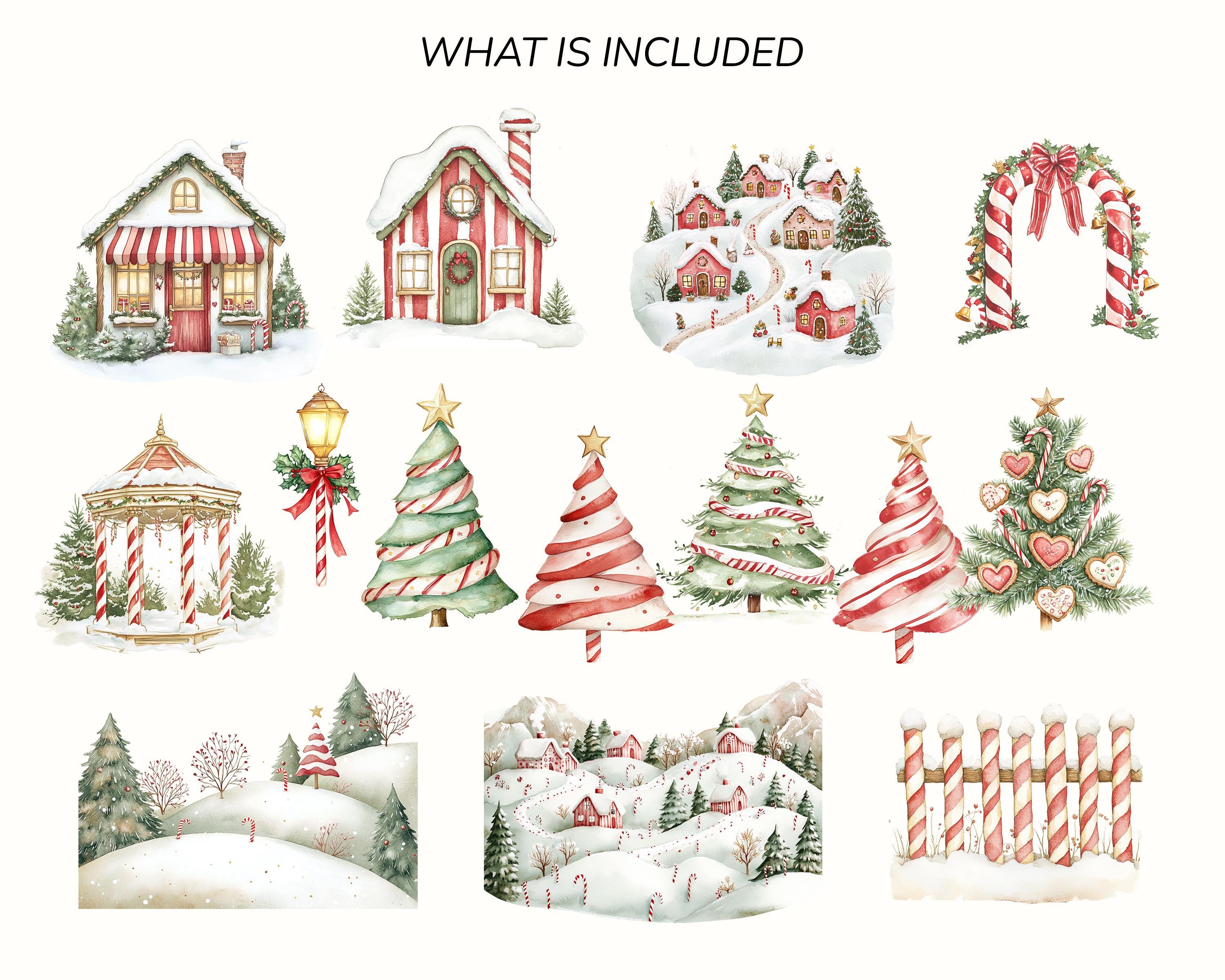 Watercolor Christmas Clipart Set: Candy Cane Land, Holiday Village ...