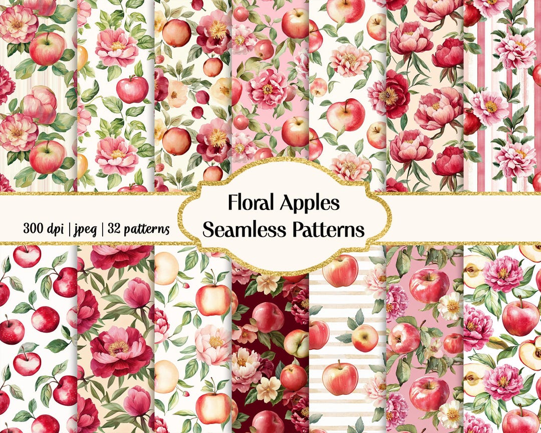 Watercolor Floral Apples Seamless Patterns, Apples and Peonies Digital ...