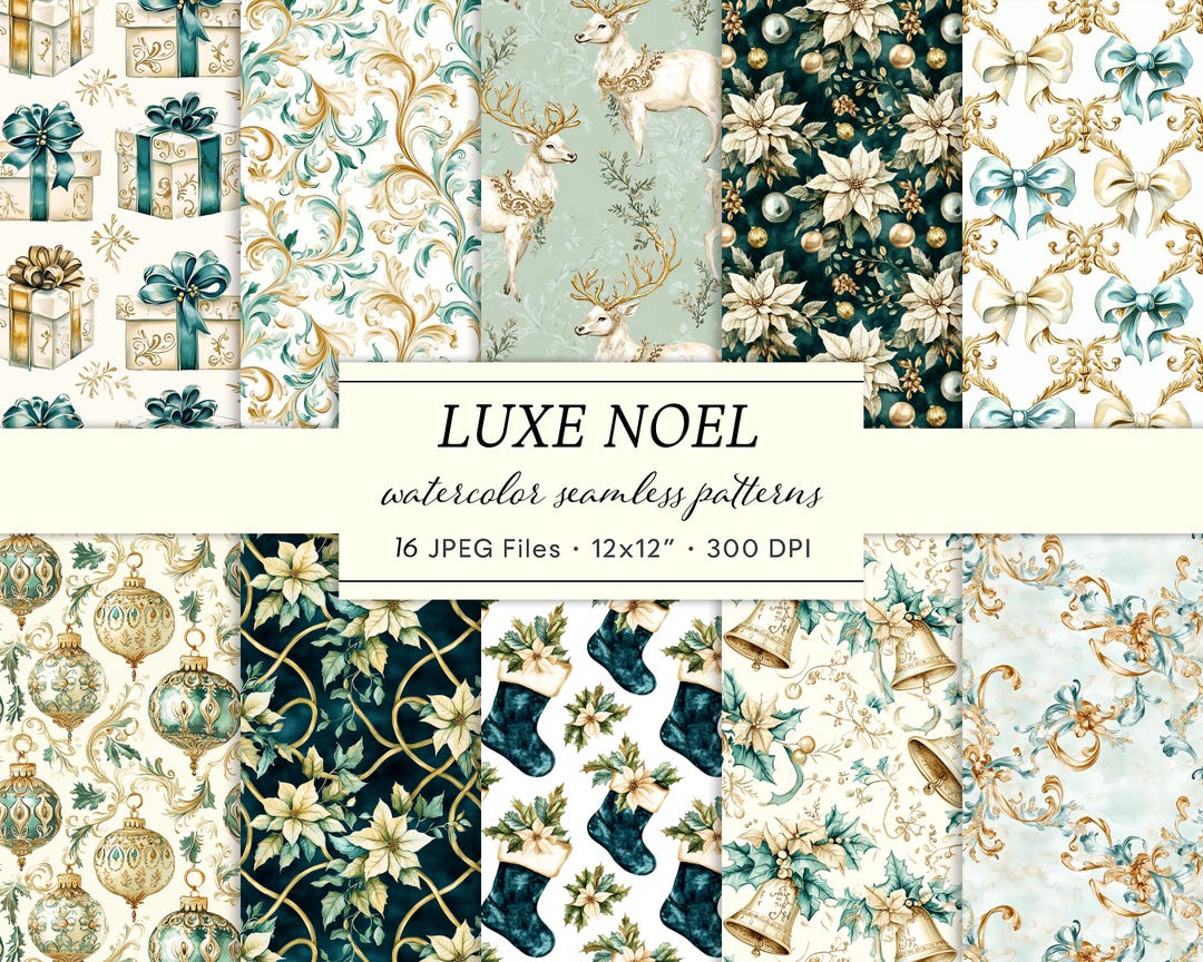Rococo Christmas Digital Paper – Watercolor Seamless Patterns, Luxury ...