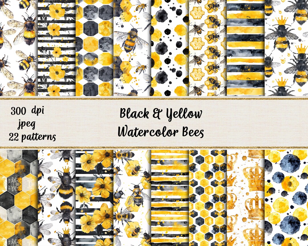 Watercolor Bees Seamless Patterns, Yellow and Black Floral Bees Digital ...