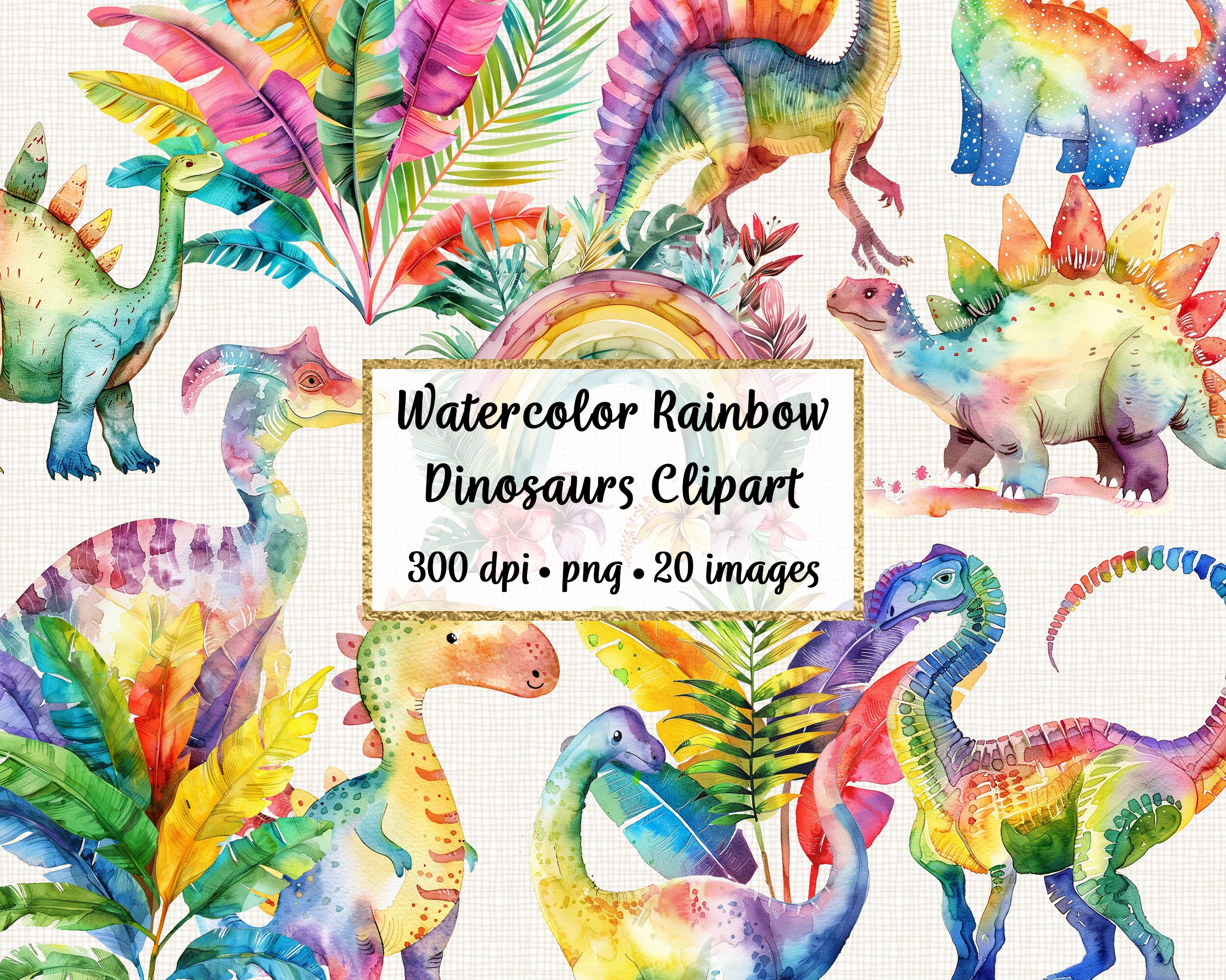 Watercolor Rainbow Dinosaurs Clipart, Commercial Use - Etsy