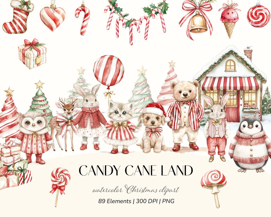 Watercolor Christmas Clipart Set: Candy Cane Land, Holiday Village ...