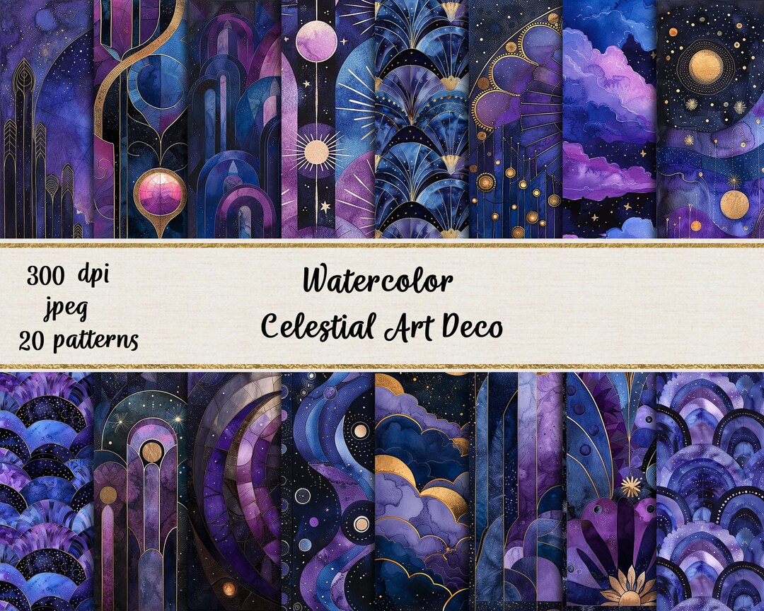 Watercolor Celestial Art Deco Digital Papers - Etsy