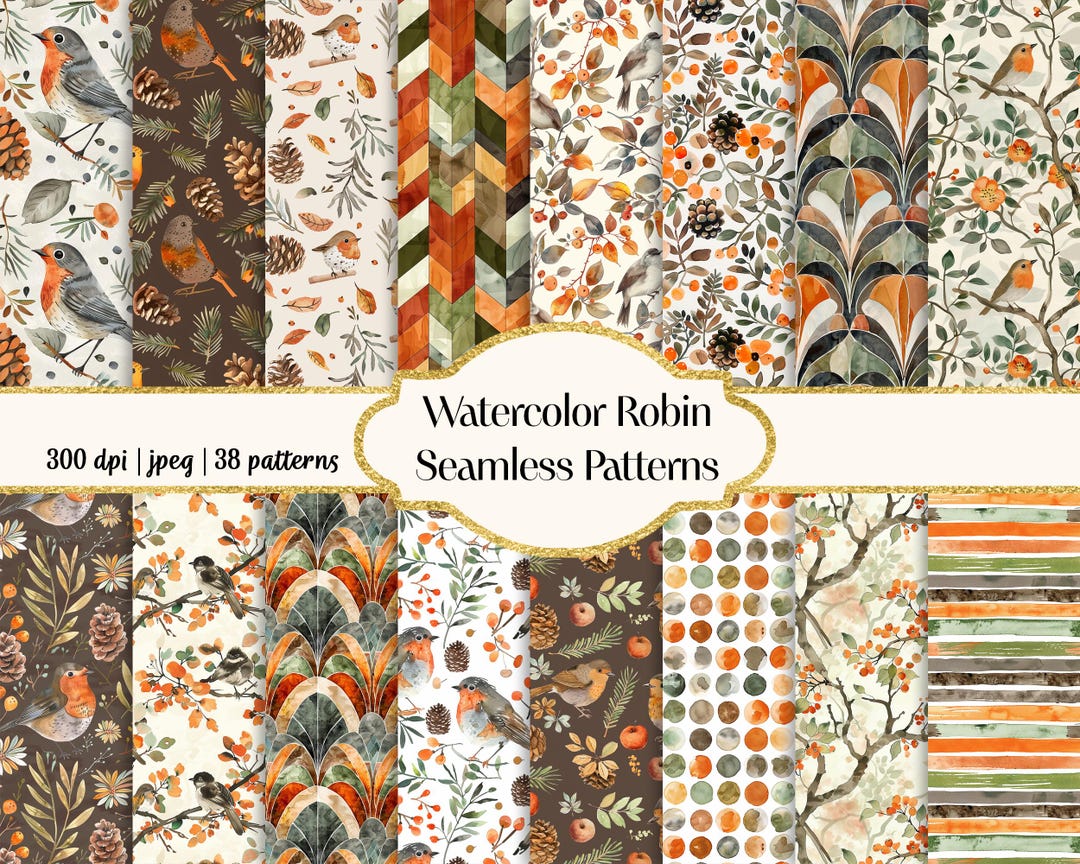 Watercolor Robin Seamless Patterns, Printable Scrapbook Paper ...