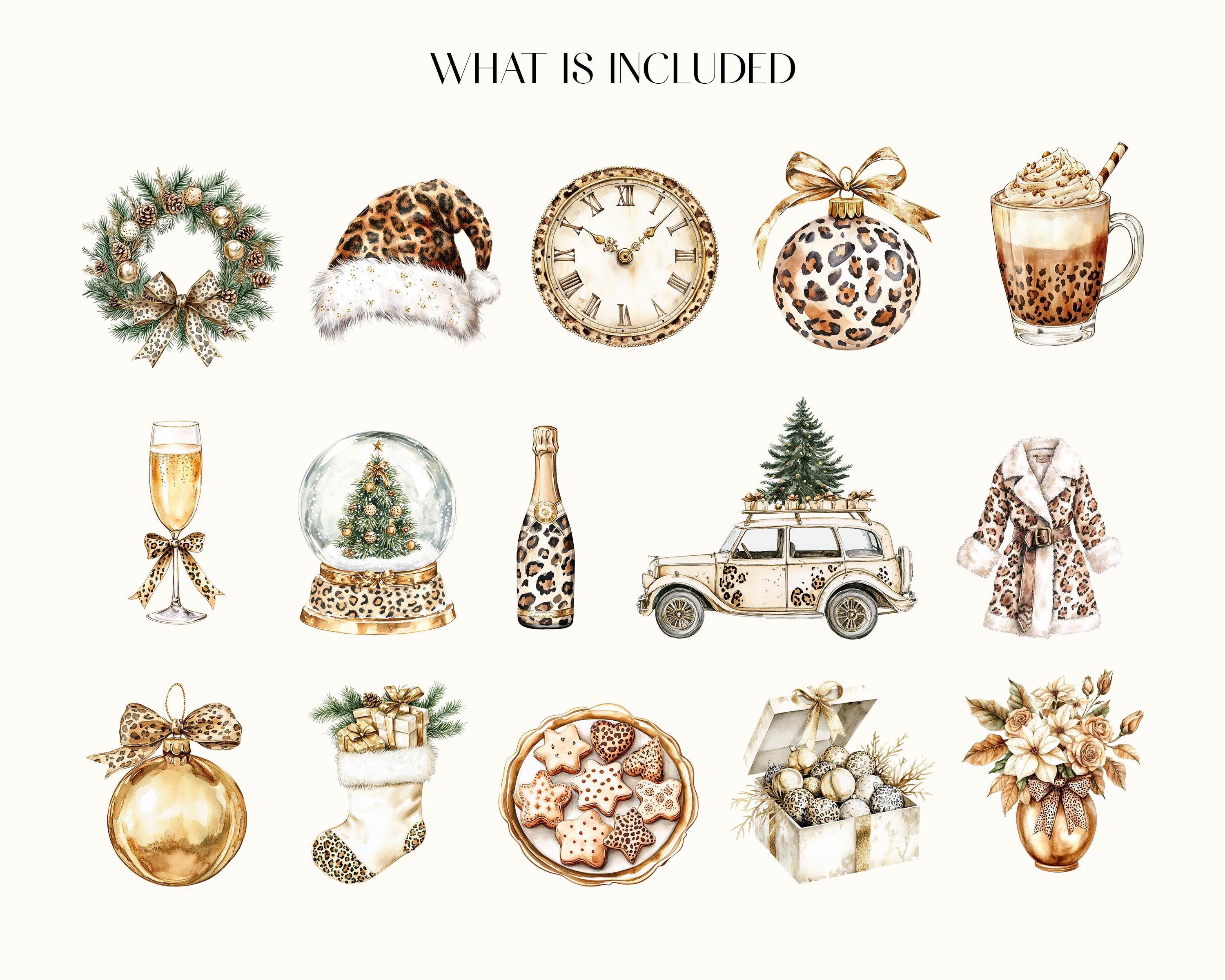 Wild Leopard Christmas Watercolor Clipart | Elegant Gold & Leopard ...