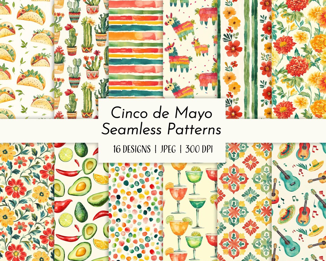 Cinco De Mayo Seamless Patterns – Watercolor Fiesta Backgrounds: Cactus ...