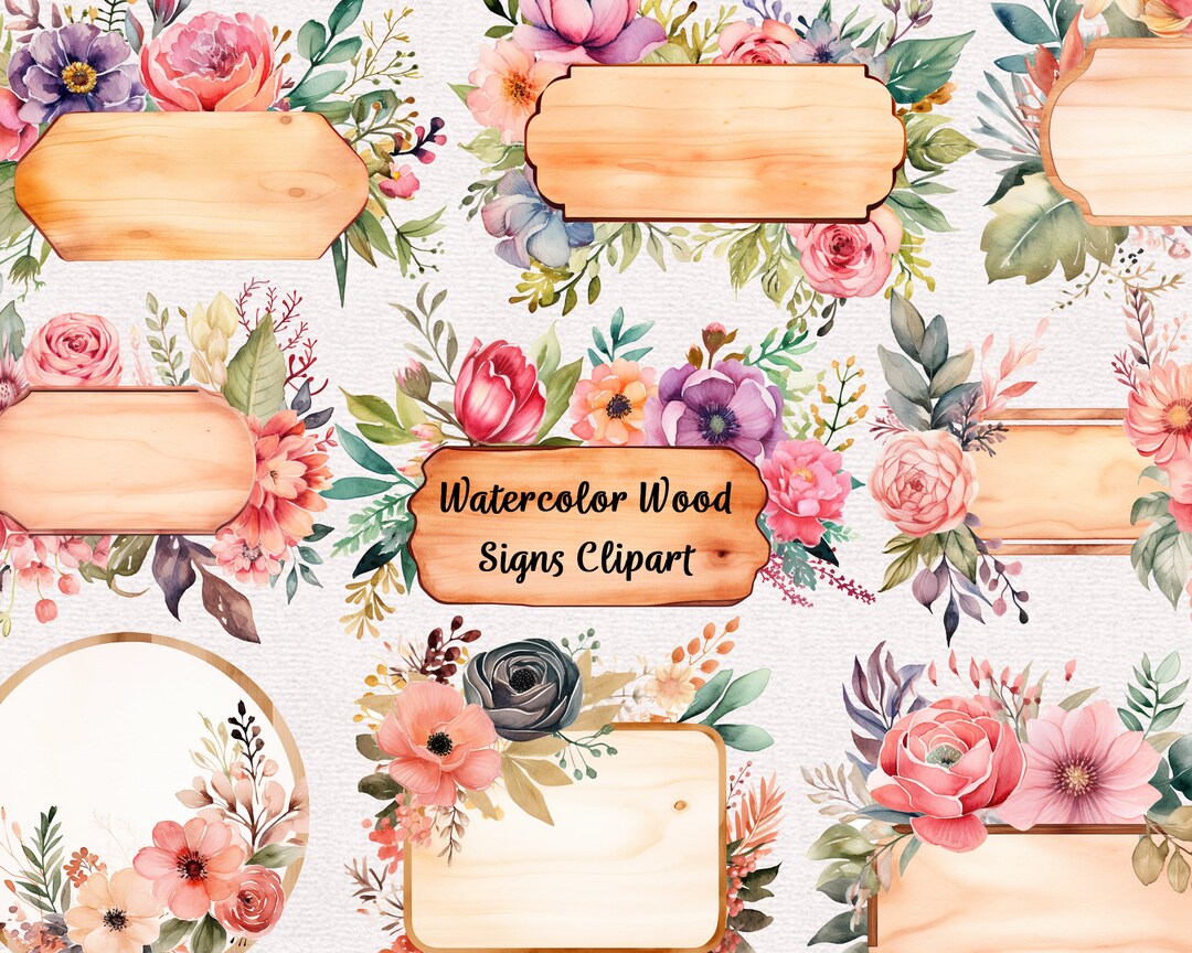 Watercolor Floral Wood Signs Clipart - Etsy