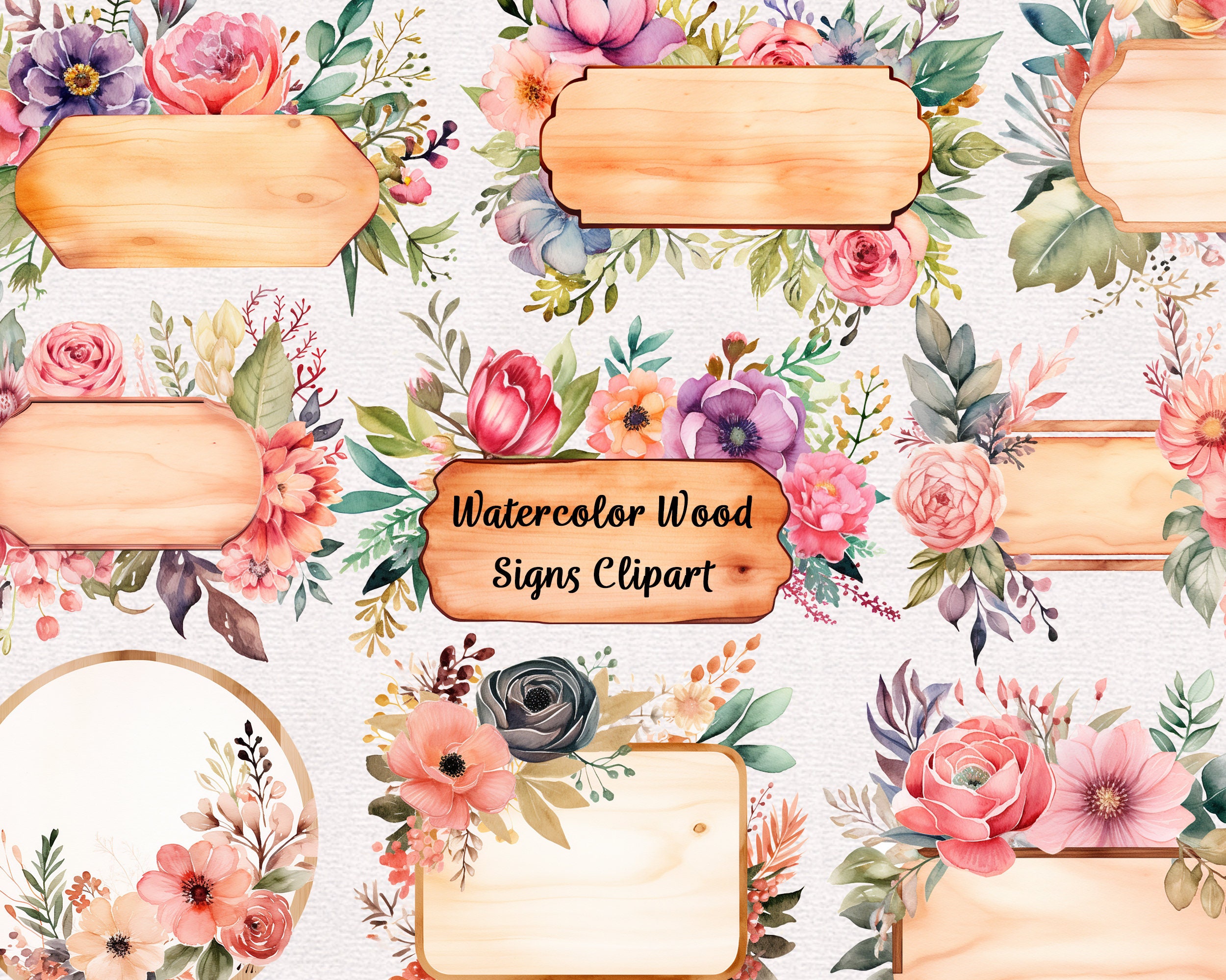 Watercolor Floral Wood Signs Clipart - Etsy