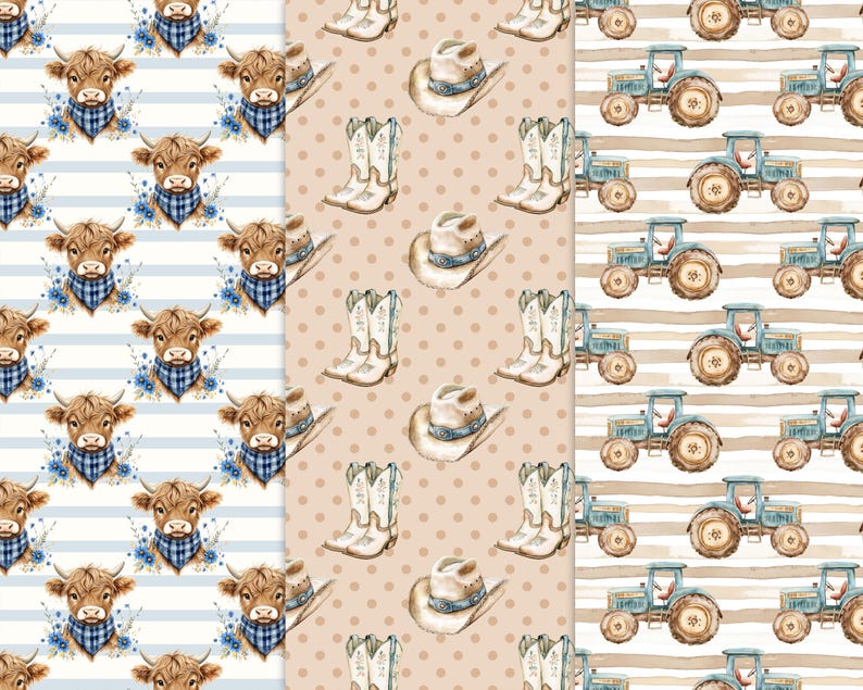 Watercolor Farm Seamless Patterns: Blue Highland Cows (digital Papers ...