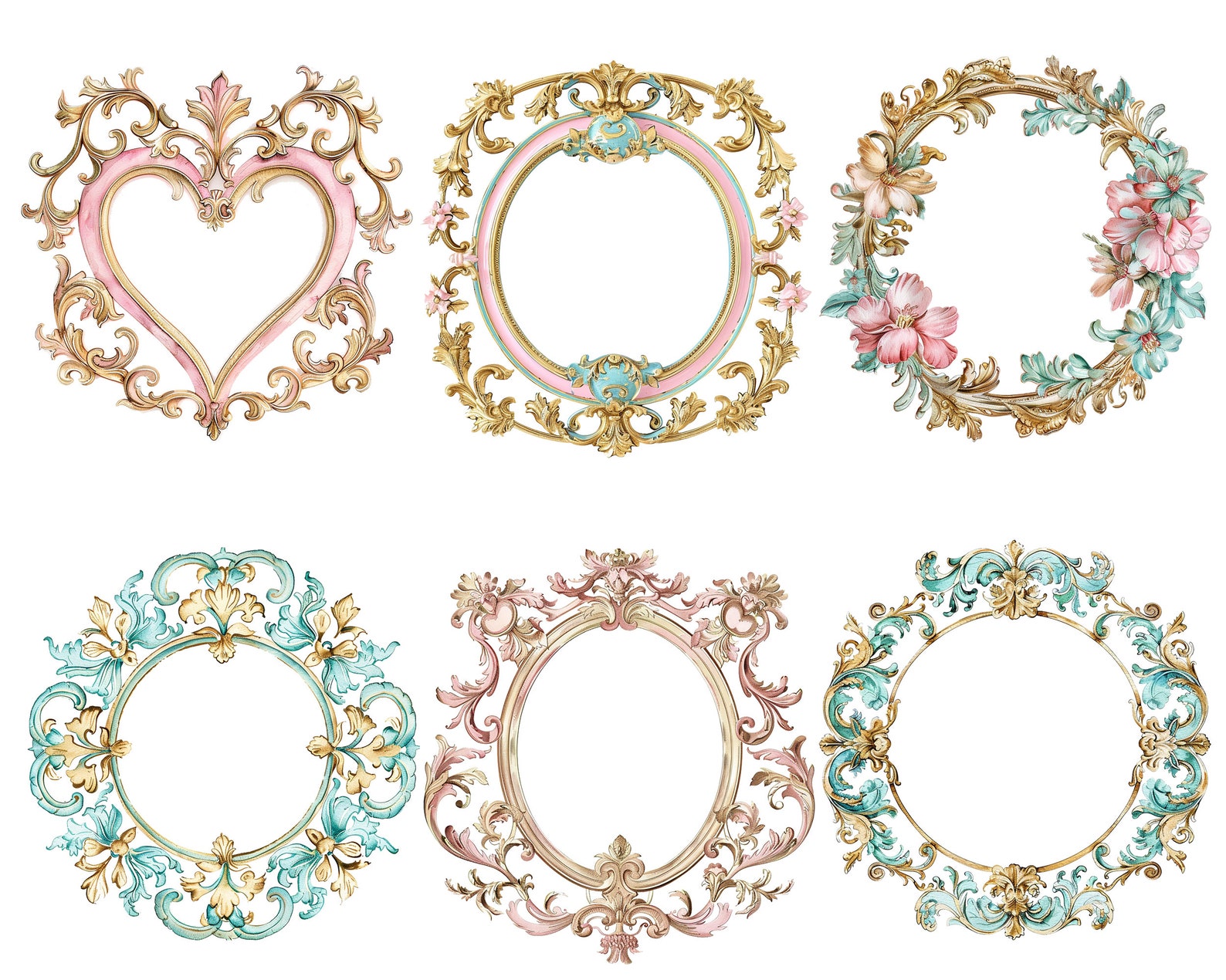 Watercolor Rococo Frames Clipart: Pink, Turquoise & Gold (PNG Digital ...