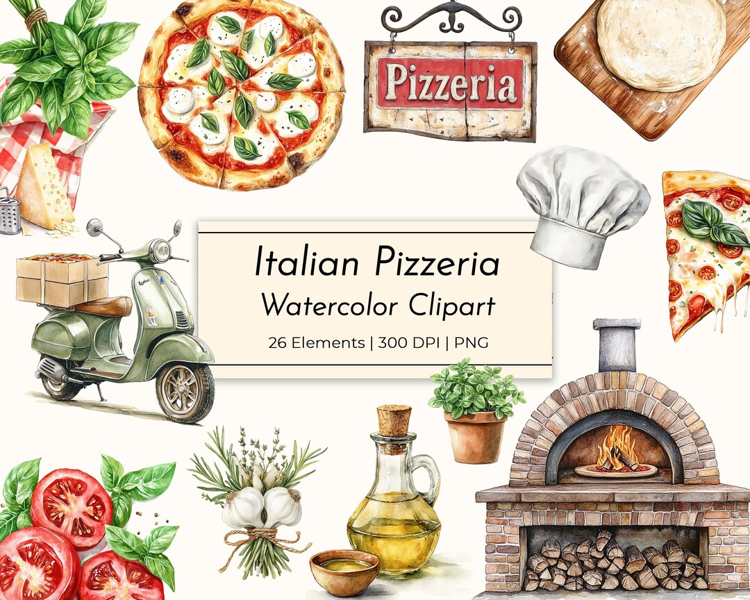 Watercolor Pizzeria Clipart: Italian Food, Scooter, & Signs (commercial ...