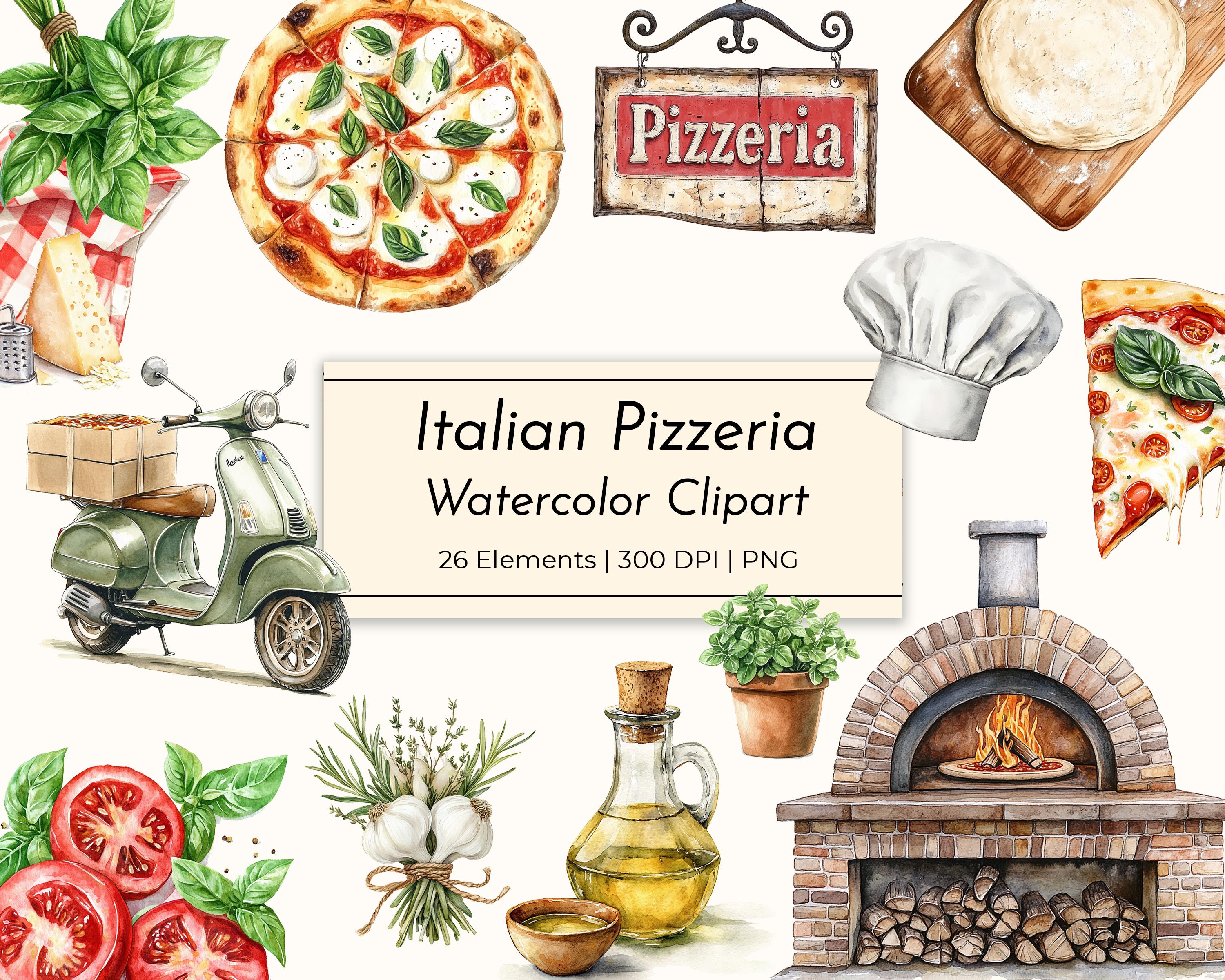 Watercolor Pizzeria Clipart: Italian Food, Scooter, & Signs (commercial ...