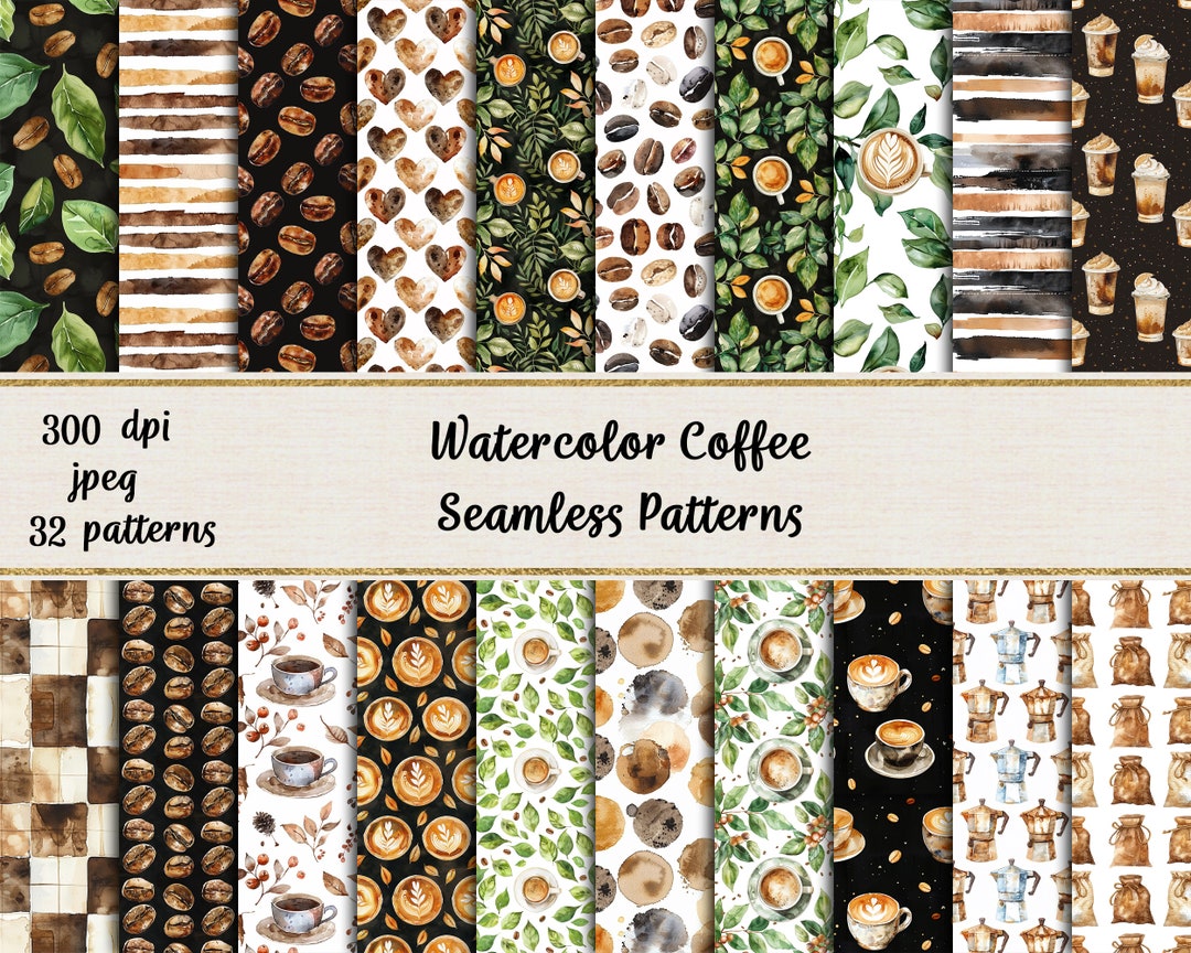 Watercolor Coffee Seamless Patterns, Printable Scrapbook Paper, Instant ...