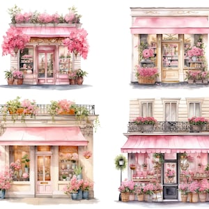 Watercolor Flower Shop Clipart: Pink Parisian Stores (PNG, Transparent ...
