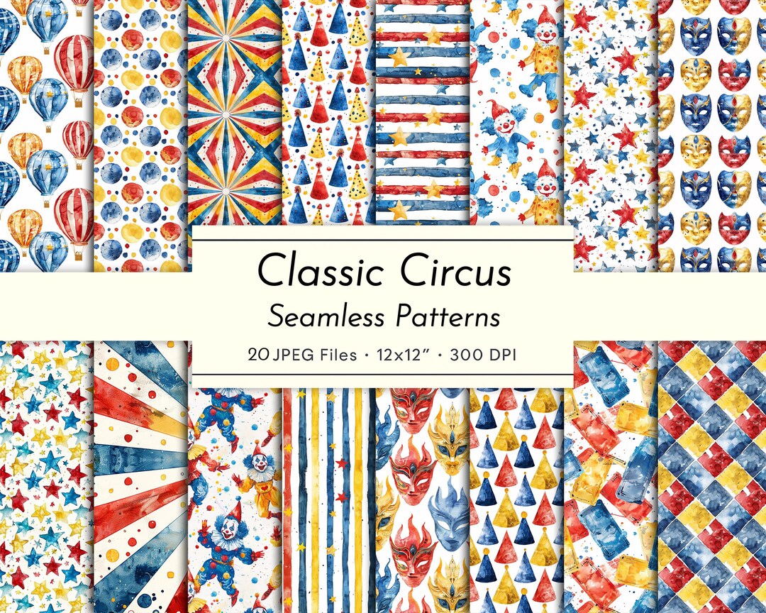 Watercolor Circus Seamless Patterns: Whimsical Digital Paper ...