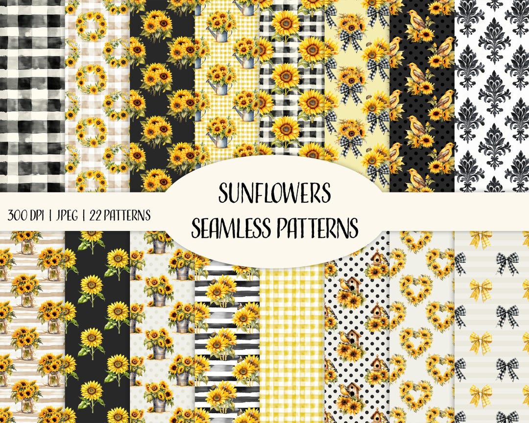 Watercolor Rustic Sunflowers, Seamless Patterns, Printable Scrapbook ...