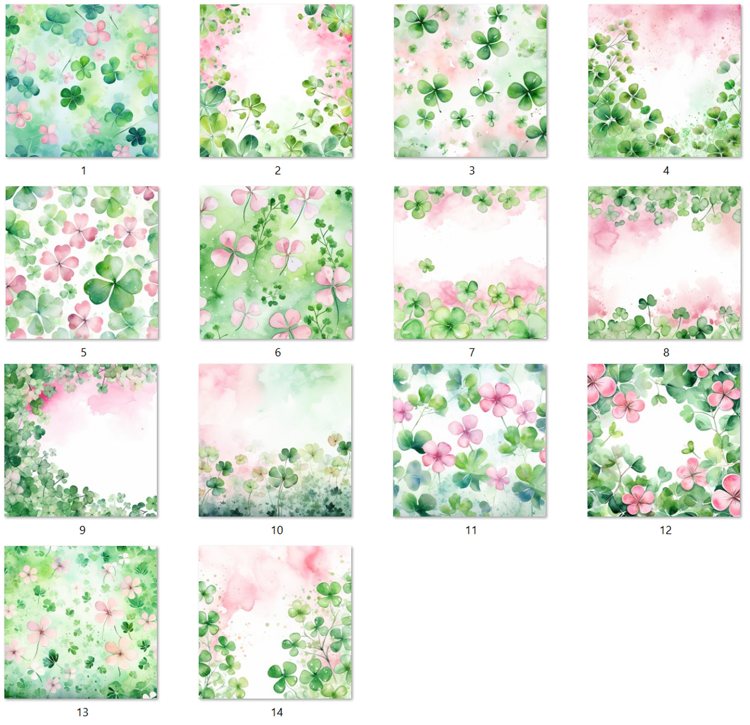 Watercolor Green and Pink Clovers, Printable Scrapbook Paper, Instant ...