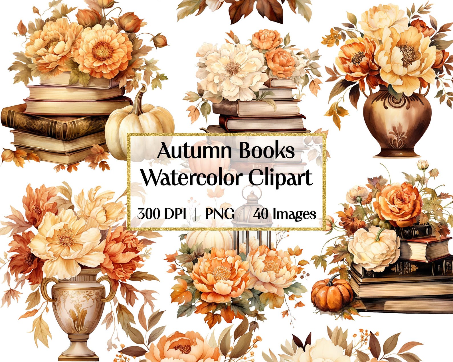 Watercolor Autumn Books Clipart, Printable Fall Books, Pumpkins and ...