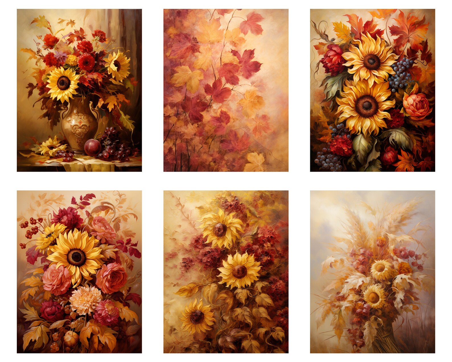 Autumn Baroque Sunflowers Bouquets, Oil Painting Texture, A4 Printable ...