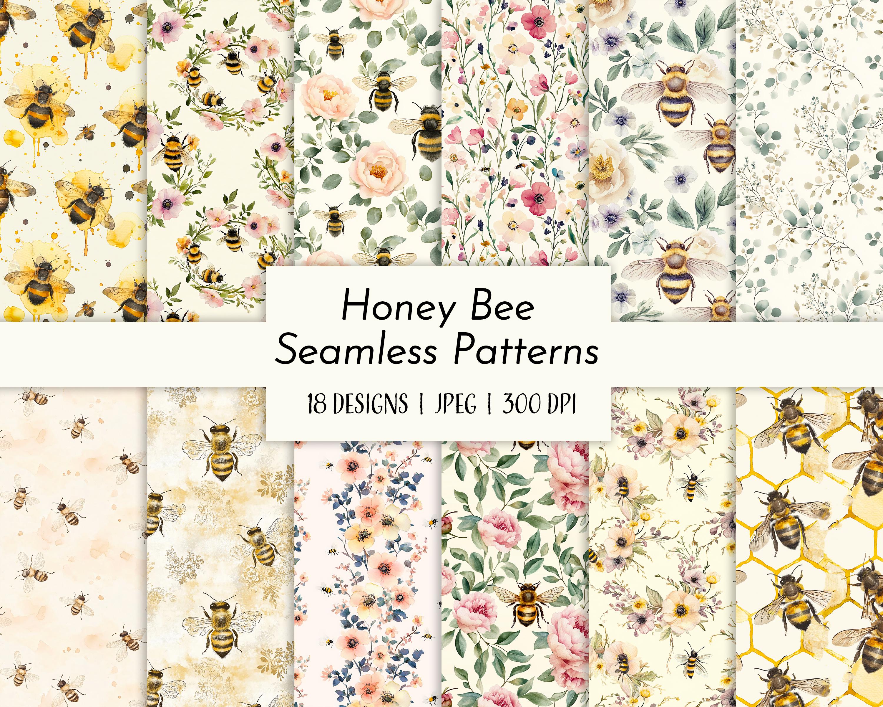 Watercolor Honey Bee Seamless Patterns: Spring Farmhouse Digital Paper ...