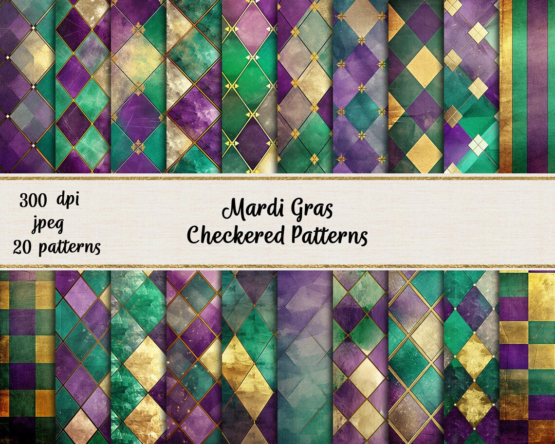 Mardi Gras Checkered Patterns Grunge Digital Papers - Etsy