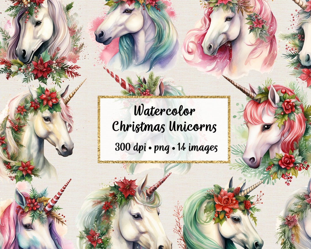 Watercolor Christmas Unicorns Clipart, Printable Unicorns Clip Art ...