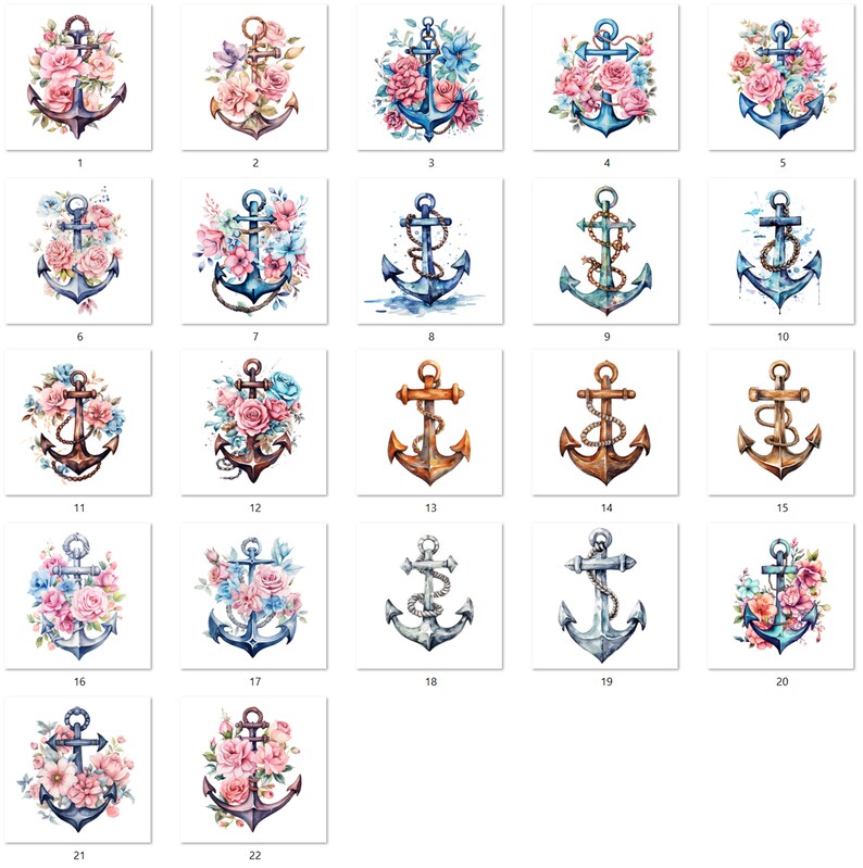 Watercolor Floral Anchors Clipart, Printable Anchors, PNG, Nautical ...