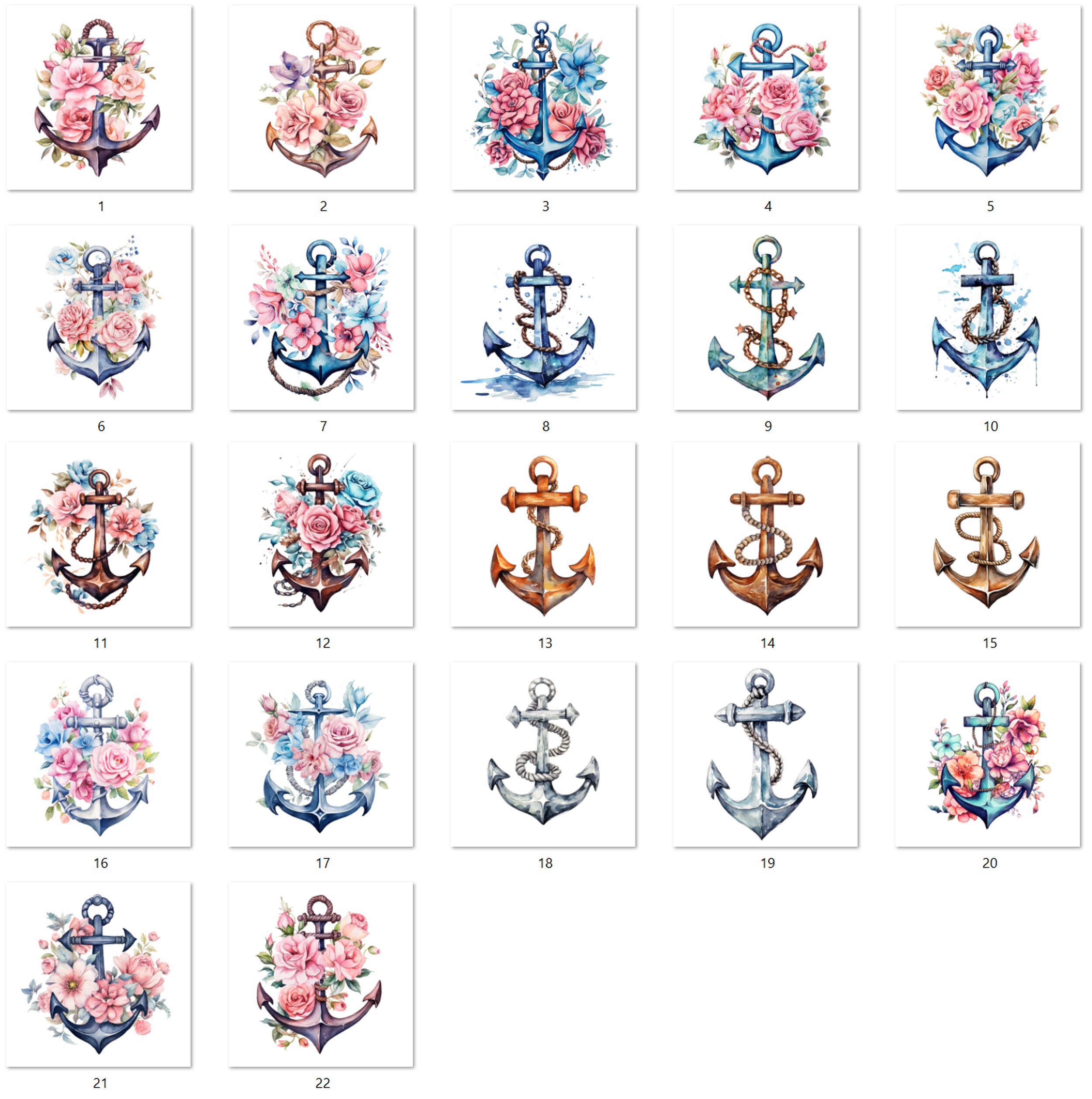 Watercolor Floral Anchors Clipart, Printable Anchors, PNG, Nautical ...