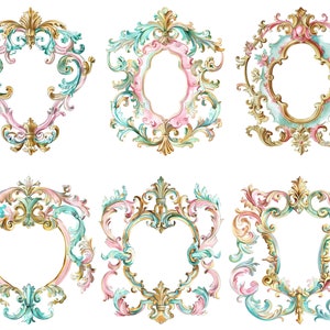 Watercolor Rococo Frames Clipart: Pink, Turquoise & Gold (PNG Digital ...