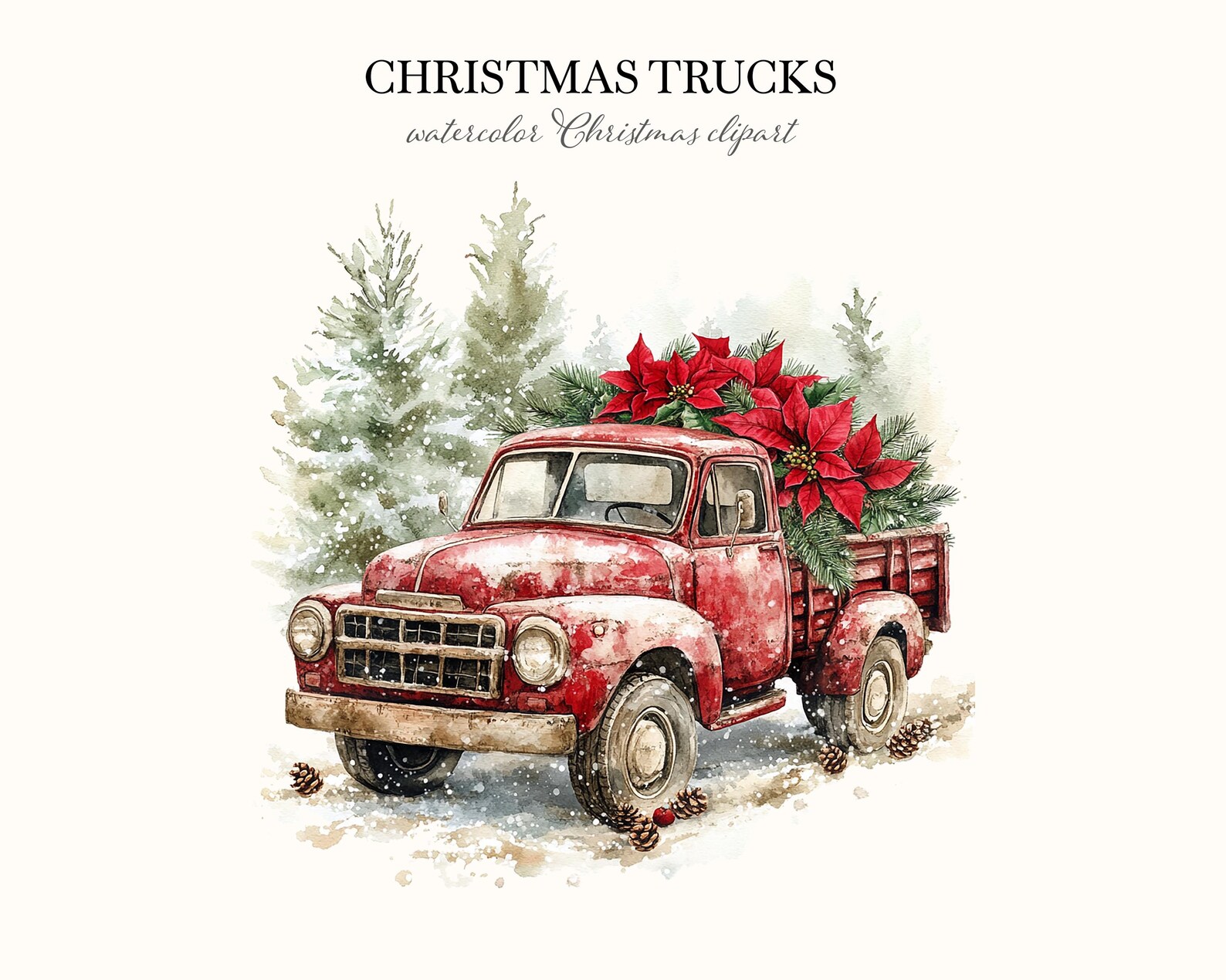 Watercolor Christmas Trucks Clipart Set | Vintage Red Holiday Trucks ...