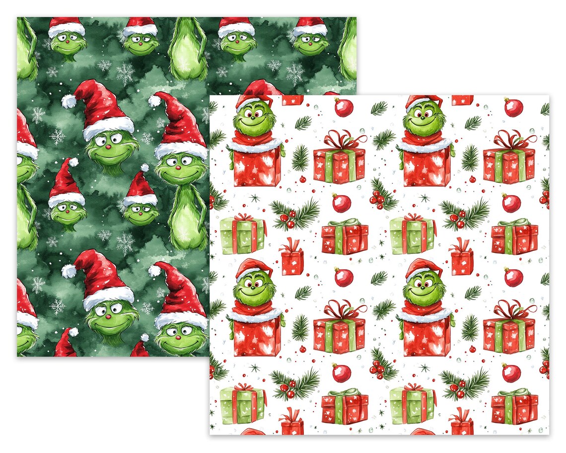 Watercolor Christmas Grinch, Printable Scrapbook Paper, Seamless ...