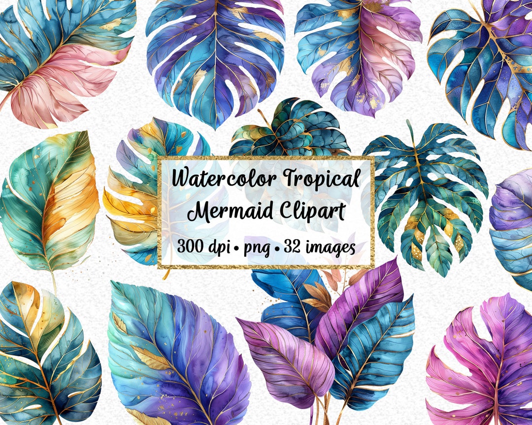 Watercolor Tropical Mermaid Leaves Clipart, Commercial Use - Etsy