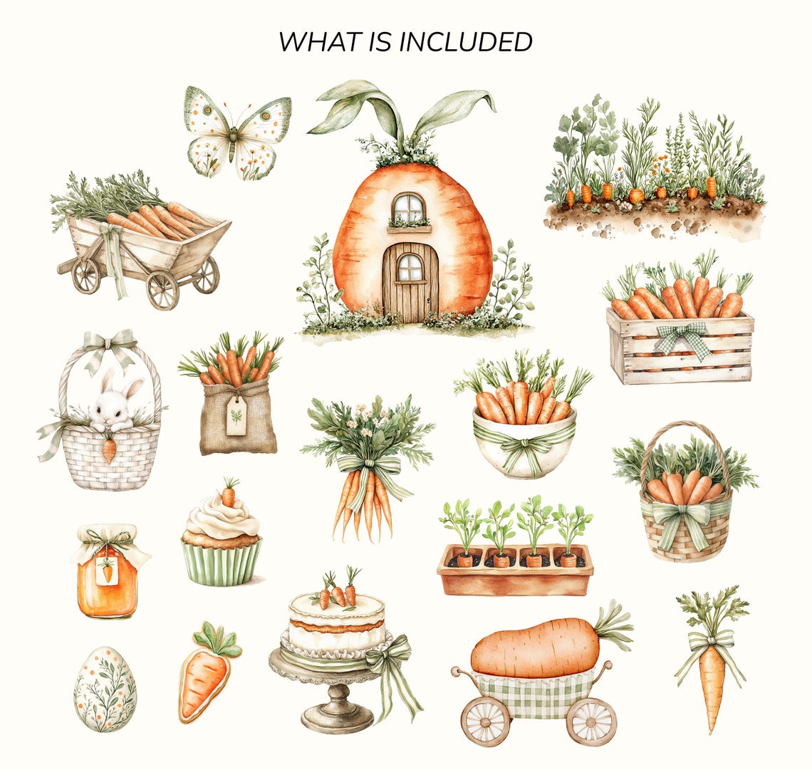 Carrot Easter Watercolor Clipart Set | Easter Bunnies PNG Bundle - Etsy