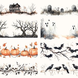 Spooky Halloween Watercolor Clipart Borders: Pumpkins, Ghosts, Cats ...