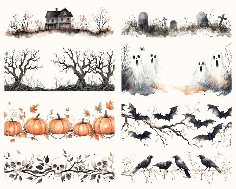 Spooky Halloween Watercolor Clipart Borders: Pumpkins, Ghosts, Cats ...