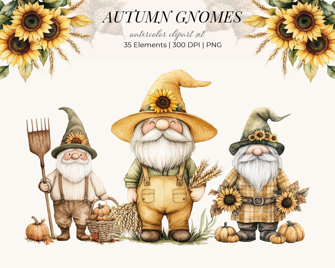 Watercolor Autumn Gnomes Clipart Set, Farmhouse Fall Pumpkins ...