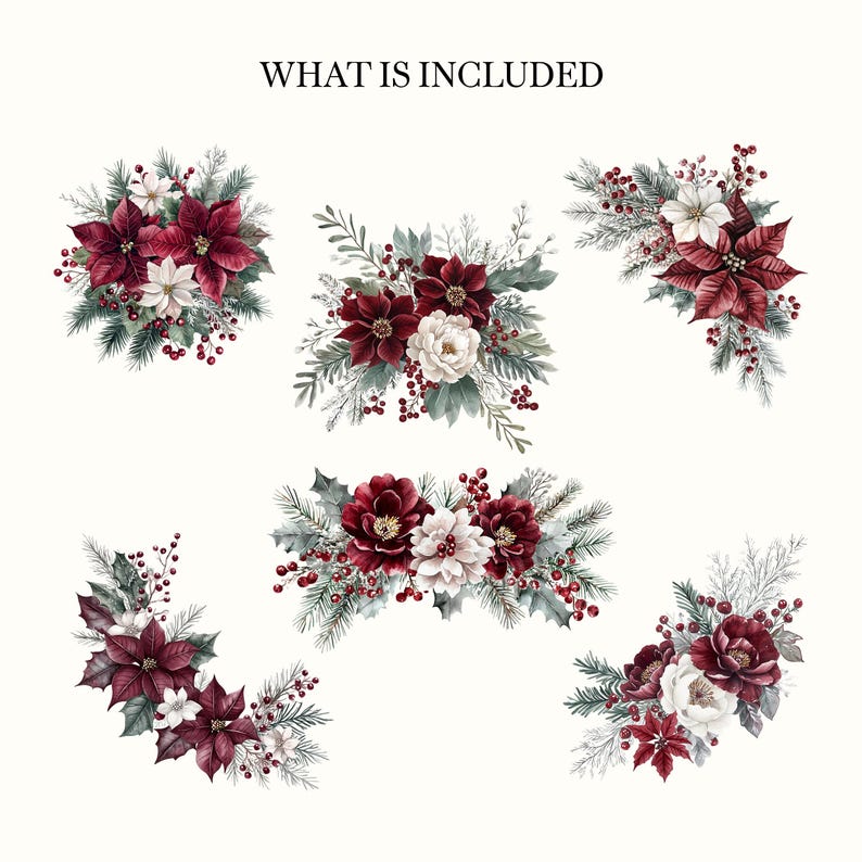 Watercolor Christmas Floral Clipart, Burgundy Poinsettia & Peony ...