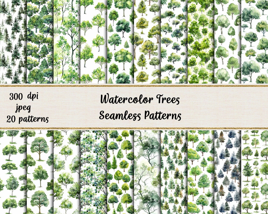 Watercolor Trees Seamless Patterns, Green Forest Digital Papers ...