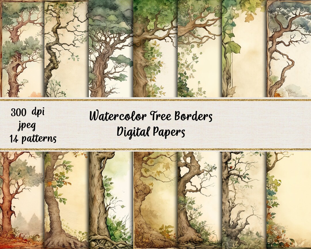 Watercolor Trees Borders, Printable Scrapbook Paper, Instant Download ...