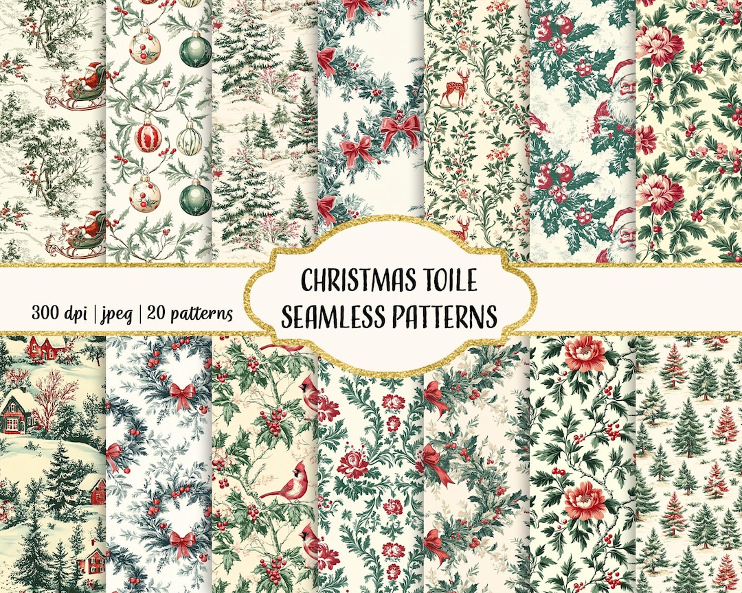 Christmas Toile Seamless Patterns, Printable Scrapbook Paper, Instant ...