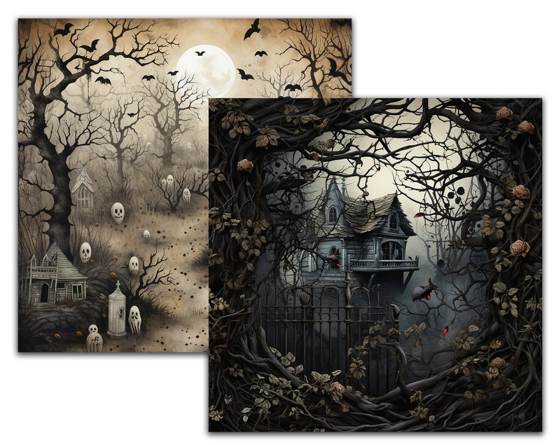 Haunted Houses Digital Papers, Printable Scrapbook Paper, Halloween ...