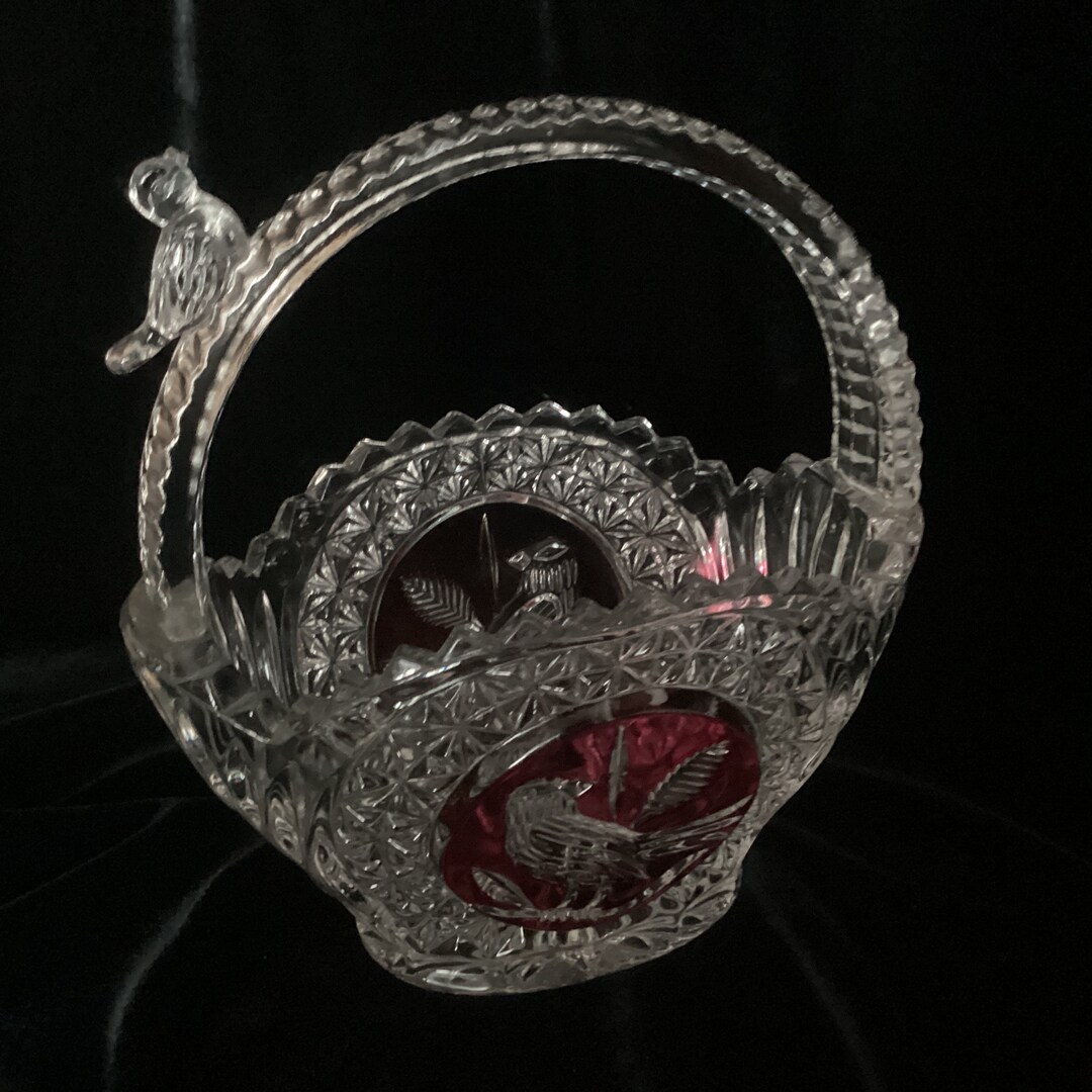 Vintage Hofbauer Rubi Red Hand Cut Crystal Basket With Birds a - Etsy