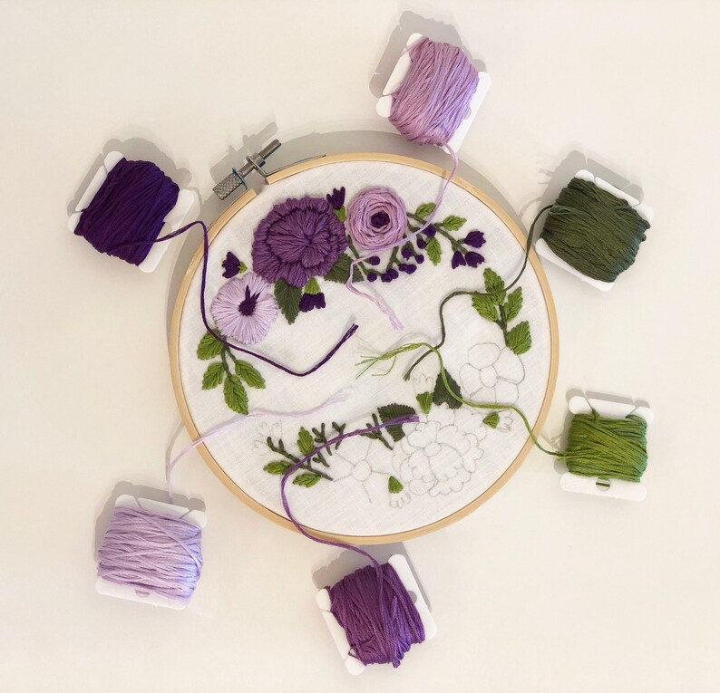 Purple Floral Embroidery Pattern. Hoop Art Embroidery Pattern. Beginner ...