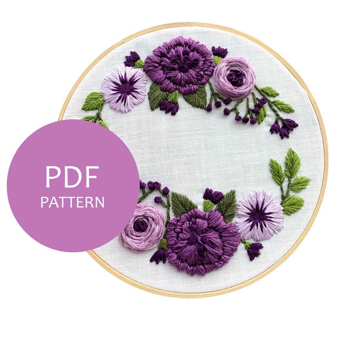 Purple Floral Embroidery Pattern. Hoop Art Embroidery Pattern. Beginner ...