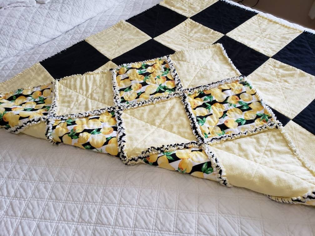Lemon rag quilt/yellow rag quilt/lemon decor quilt/black - Etsy.de