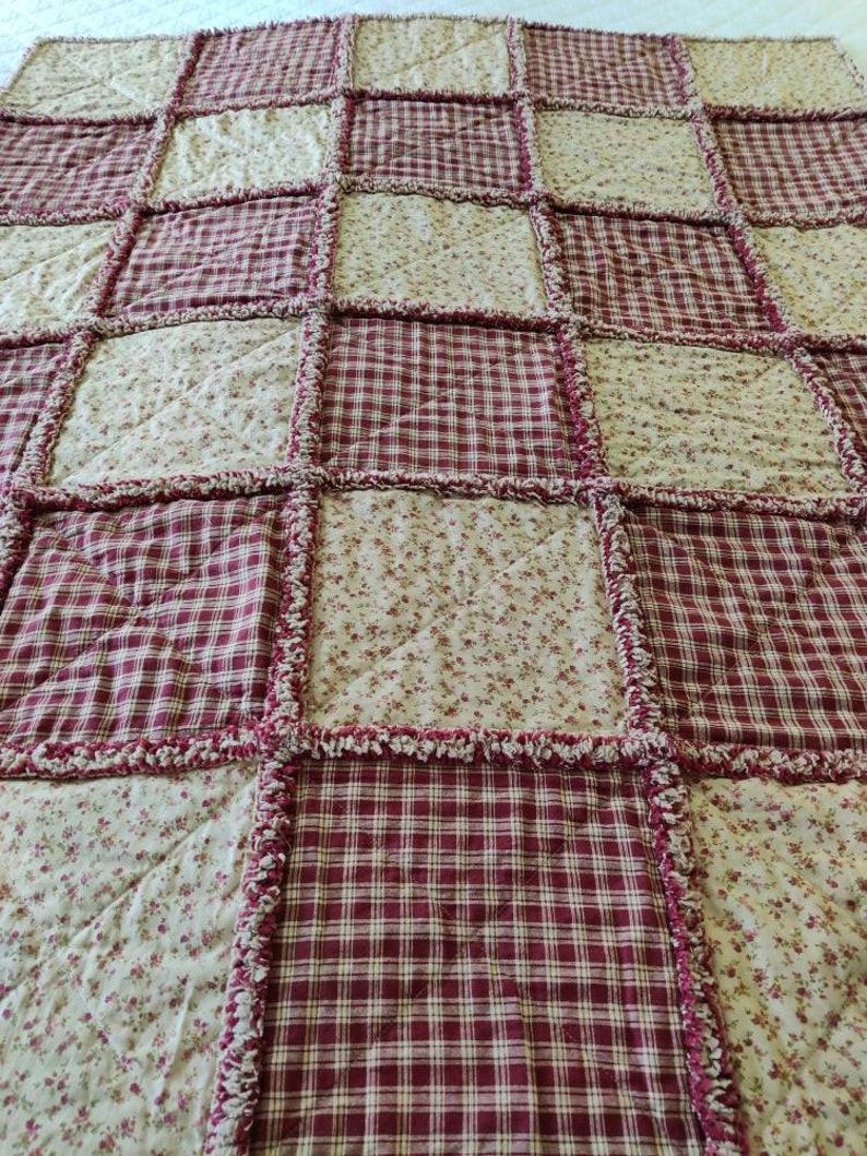 Red Country Charm Quilt/red and Tan Quilt/floral and Plaid Rag - Etsy