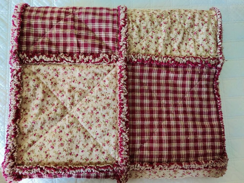 Red Country Charm Quilt/red and Tan Quilt/floral and Plaid Rag - Etsy