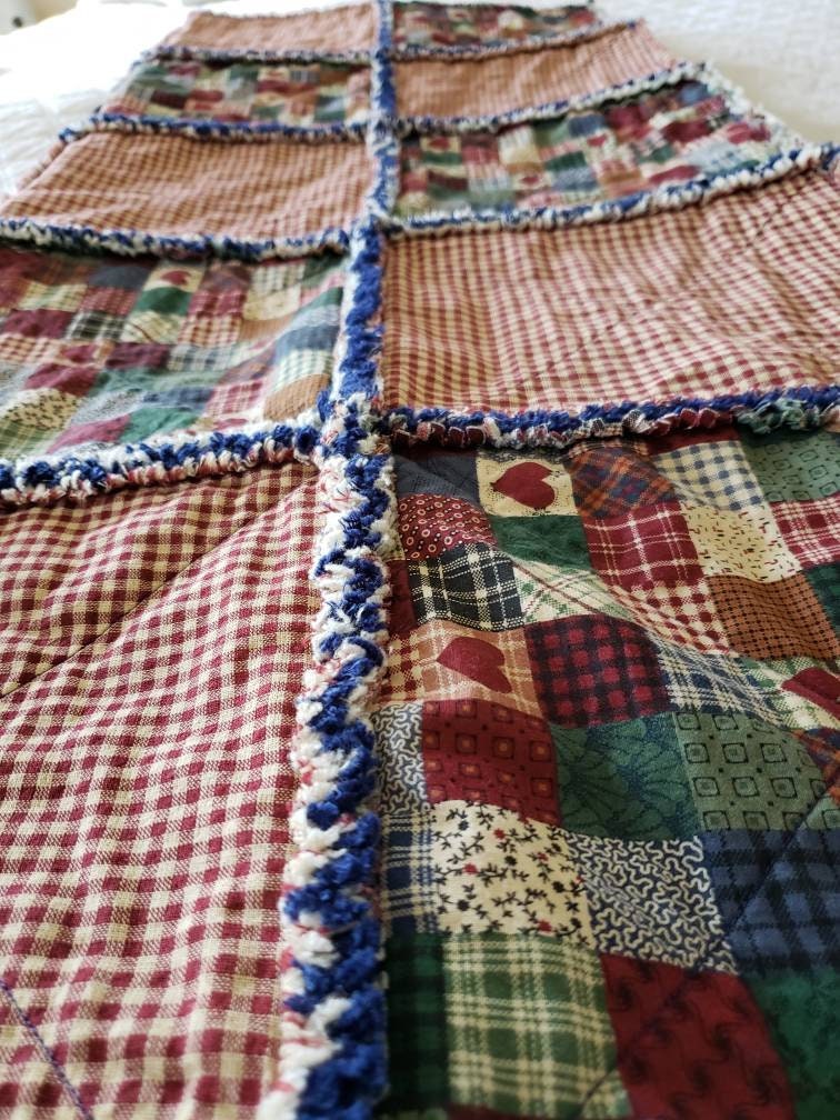 Country heart quilt/jewel tone rag quilt/cotton flannel | Etsy